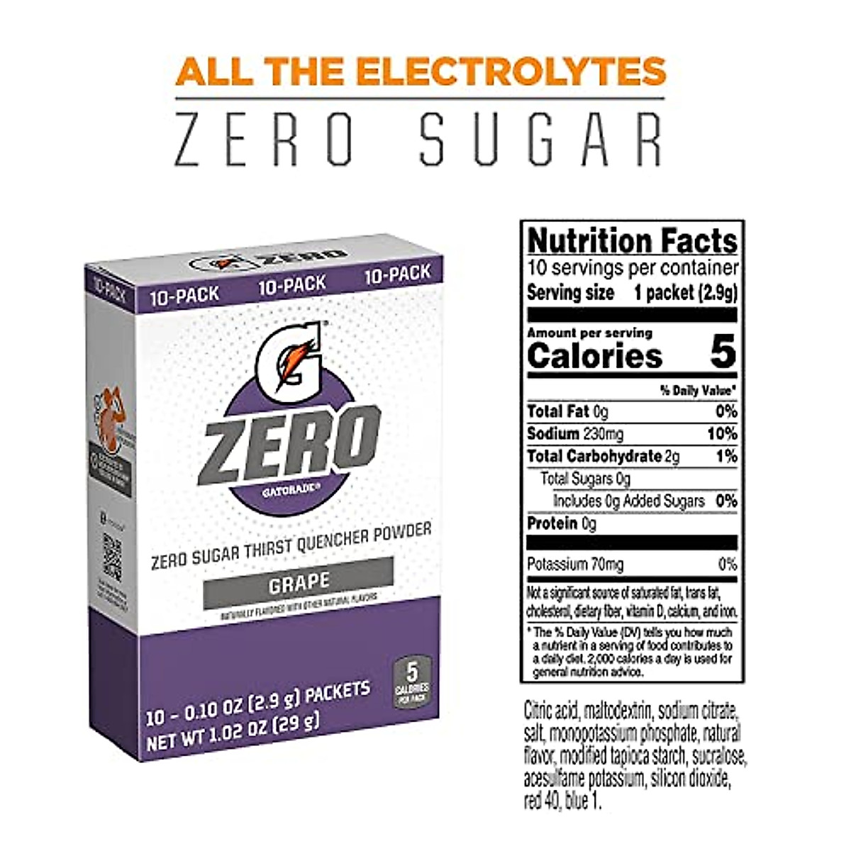 Gatorade G Zero Powder, Grape, 0.10oz Packets, Makes 20 ounces, 10 Count (Pack of 12)