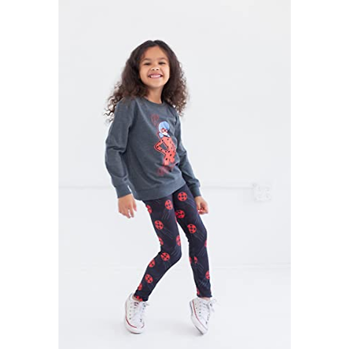 Miraculous Ladybug Little Girls Pullover Sweatshirt and Leggings Outfit Set Grey/Black 4