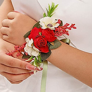 Campsis Wedding Wrist Flower Corsage Red Handmade Floarl Hand Flower Bride Bridal Artificial Wristlet for Prom Party Beach Photography 2PCS
