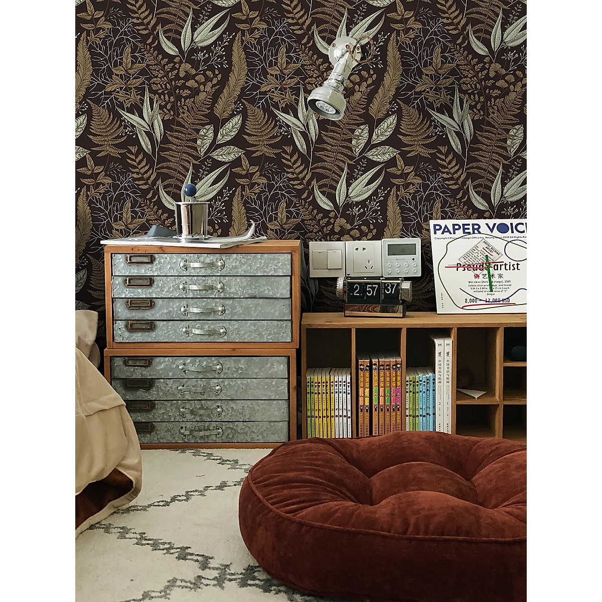 Ismoon Leaf Peel and Stick Wallpaper Dark Wallpaper Fern Botanical Wallpaper Black/Brown Contact Paper Removable Wallpaper Peel and Stick Self Adhesive Wall Paper Vinyl Shelves Wallpaper 16.1x118in