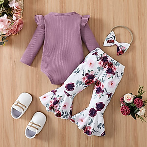 GRNSHTS Newborn Baby Girl Clothes Infant Baby Ruffle Long Sleeve Romper+Floral Flare Pants Bell Bottoms Outfit(Purple,0-3 Months)