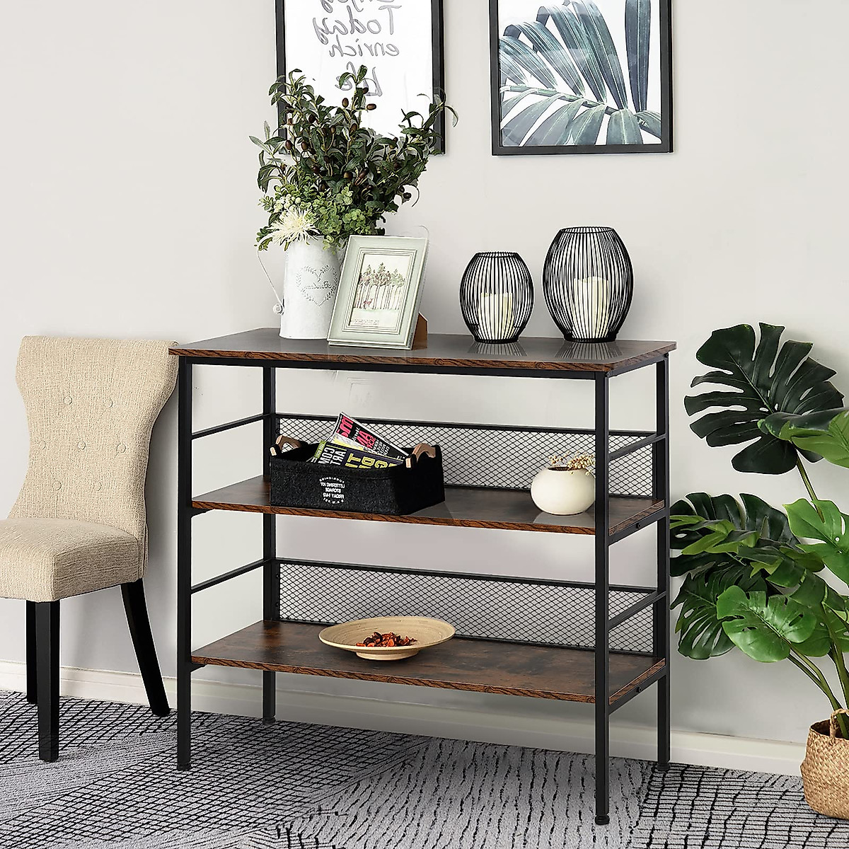 HOMCOM 3-Tier Console Table Industrial Style Storage Metal Wooden Shelf with a Robust Multi-Functional Design & Adjustable Feet, Black