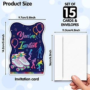 RZHV 15 Pack Roller Skating Shaped Fill-In Party Invitations Cards With Envelopes for Boys & Girls Teens Adults, Funny Sports Party Baby Shower Birthday Party Invite (Let's Roll)