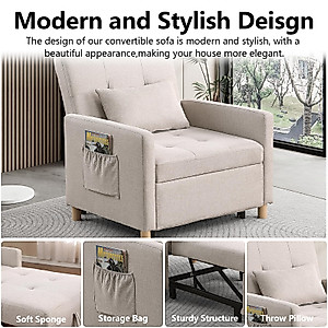 Keainvren Sleeper Chair Bed Convertible Chair Bed Sleeper Pull Out Sofa Bed with Adjustable Backrest Linen Fabric Convertible Chair to Bed with Side Pocket for Living Room, Apartment-Beige