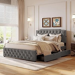 HBRR Queen Size Bed Frame with 2 Drawers and 2 Sets of USB Ports, Upholstered Platform Bed with Button-Tufted Headboard, Wooden Slats Support, No Box Spring Needed, Gray