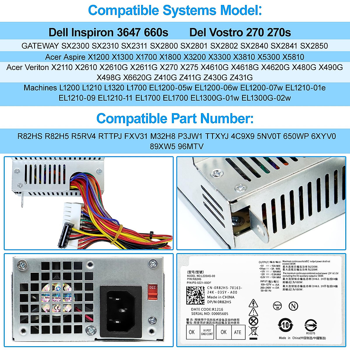 S-Union 220W Power Supply Compatible with Dell Inspiron 3647 660s Replacement for Acer X1420 X3400 eMachines Gateway Series Delta DPS-220UB A Liteon L220AS-00 L220NS-00 PS-5221-03DF R82HS 650WP P3JW1