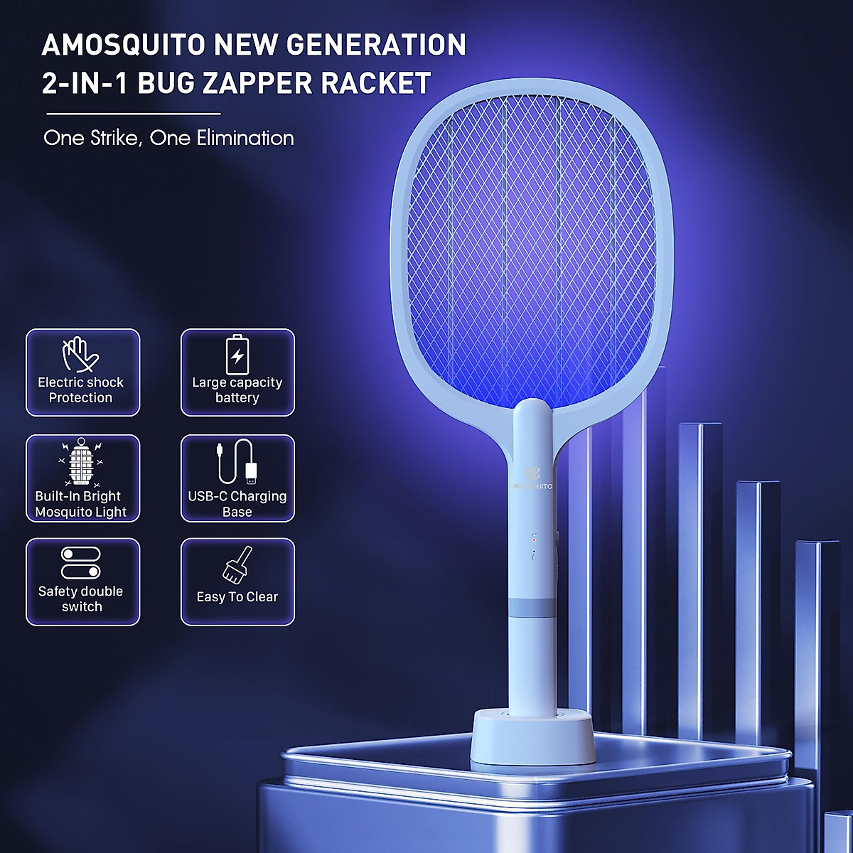 Bug Zapper Racket, Electric Fly Swatter Rechargeable Mosquito Zapper for Indoor and Outdoor - 2000mAh (1 Pack, 2000 mAh)