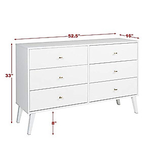 Prepac Milo Mid-Century 6 Drawer Double Dresser For Bedroom, 16" D x 52.50" W x 33" H, White