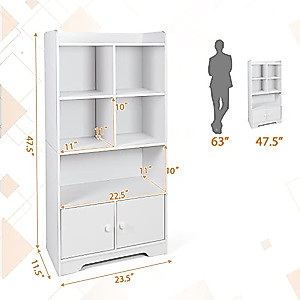 Giantex 4-Tier Bookcase with Doors, 47.5" Tall Freestanding White Bookshelf with 3 Shelves, 4 Cubes Storage Cabinet Organizer for Kids Room Office Living Room Bedroom Study