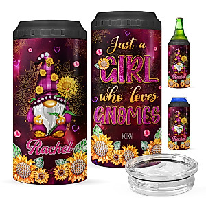 KOIXA Personalized Gnome Can Cooler Insulated 4-in-1 16oz Tumbler Just A Girl Who Loves Gnomes Sunflower Stainless Steel Can Holder Travel Cup Flower Hippie Cute Things For Girls