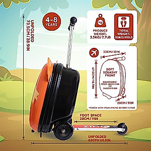 FLYTE Scooter Suitcase Folding Kids Luggage – Frazer the Fox, 18 Inch Hardshell, Ride On with Wheels, 2-in-1, 25 Litre Capacity