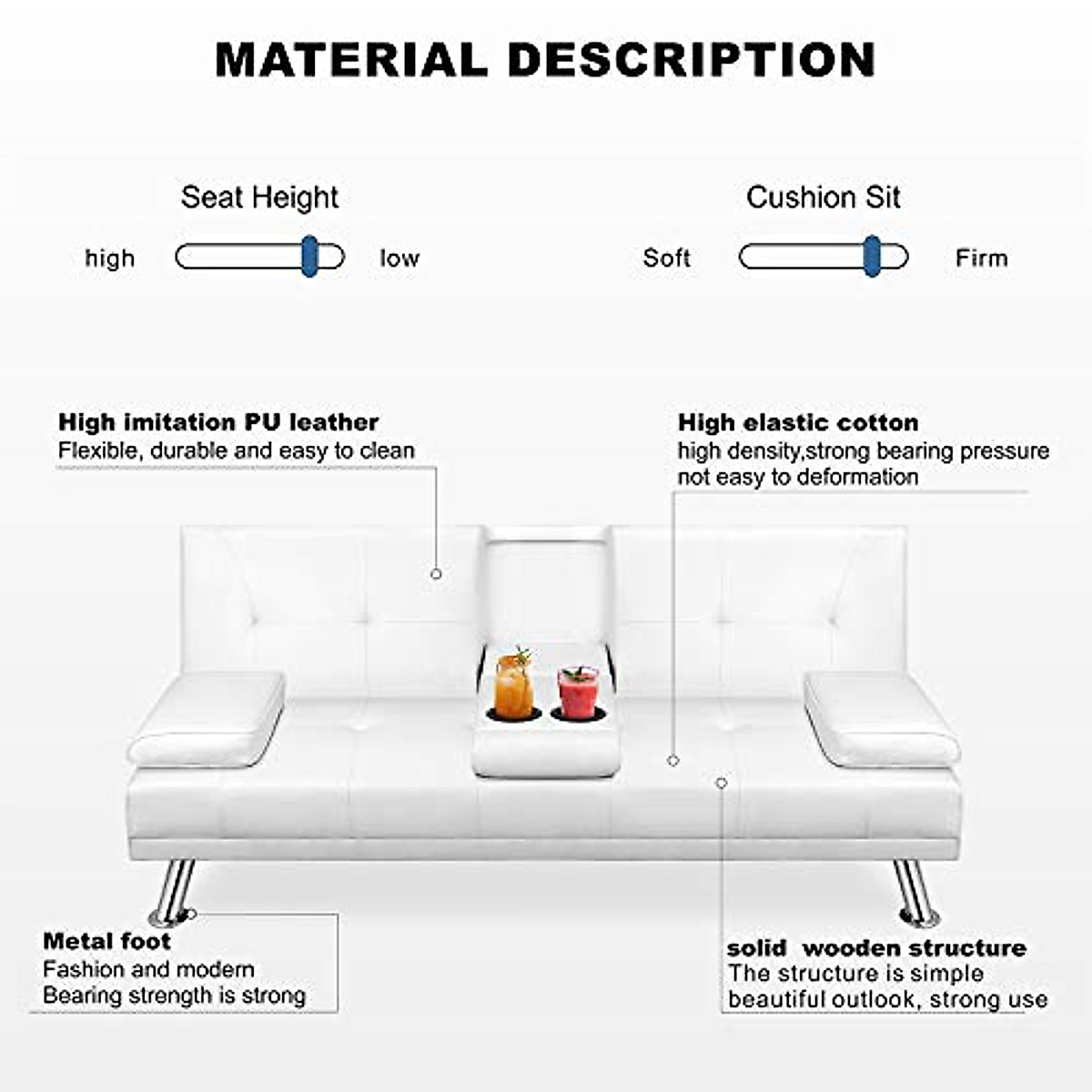 Walsunny Modern Faux Leather Sofa, Folding Reclining Sofa, Double arms, Living Room Bedroom Sofa Chair (White)