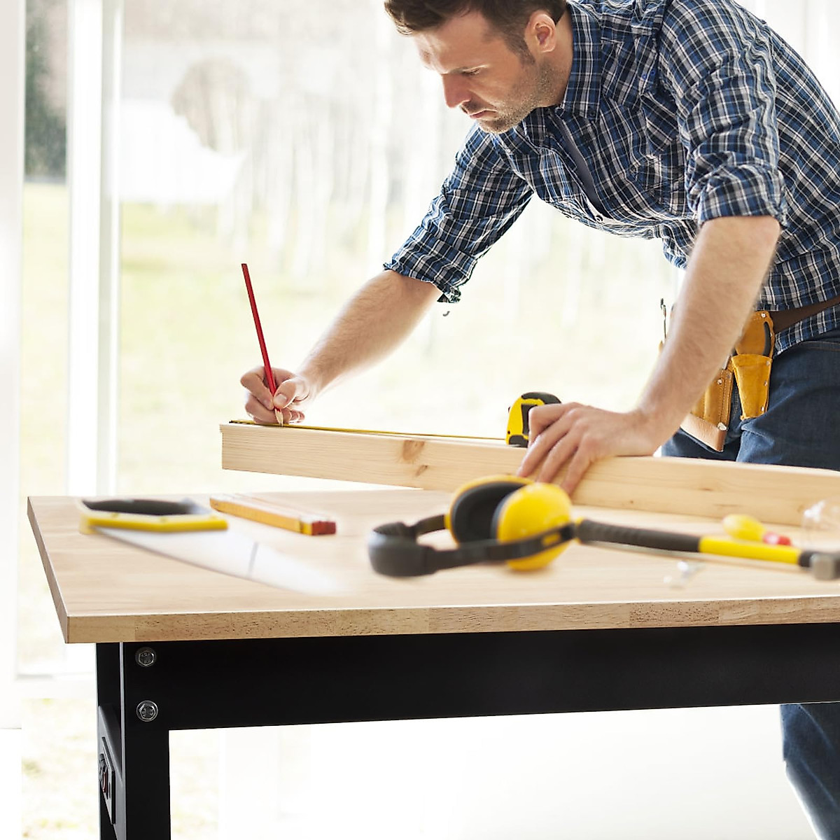 Work Bench, 48" Adjustable Height Work Table, Heavy Duty Oak Wood Workbench, Garage Work Bench Table, 2000 LBS Load Garage Workbench with Power Outlet for Garage/Kitchen/Home/Office