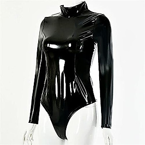 LESOYA Women's Sexy Wetlook PVC Leather High Neck Long Sleeve High Cut Thong Leotard Bodysuit Catsuit
