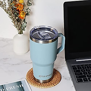AQUAPHILE 30oz Stainless Steel Insulated Coffee Mug with Handle, Double Walled Vacuum Travel Cup with Lid & Straw, Reusable Thermal Coffee Cup, Portable Coffee Tumbler, for Hot&Cold Drinks(Light Blue)