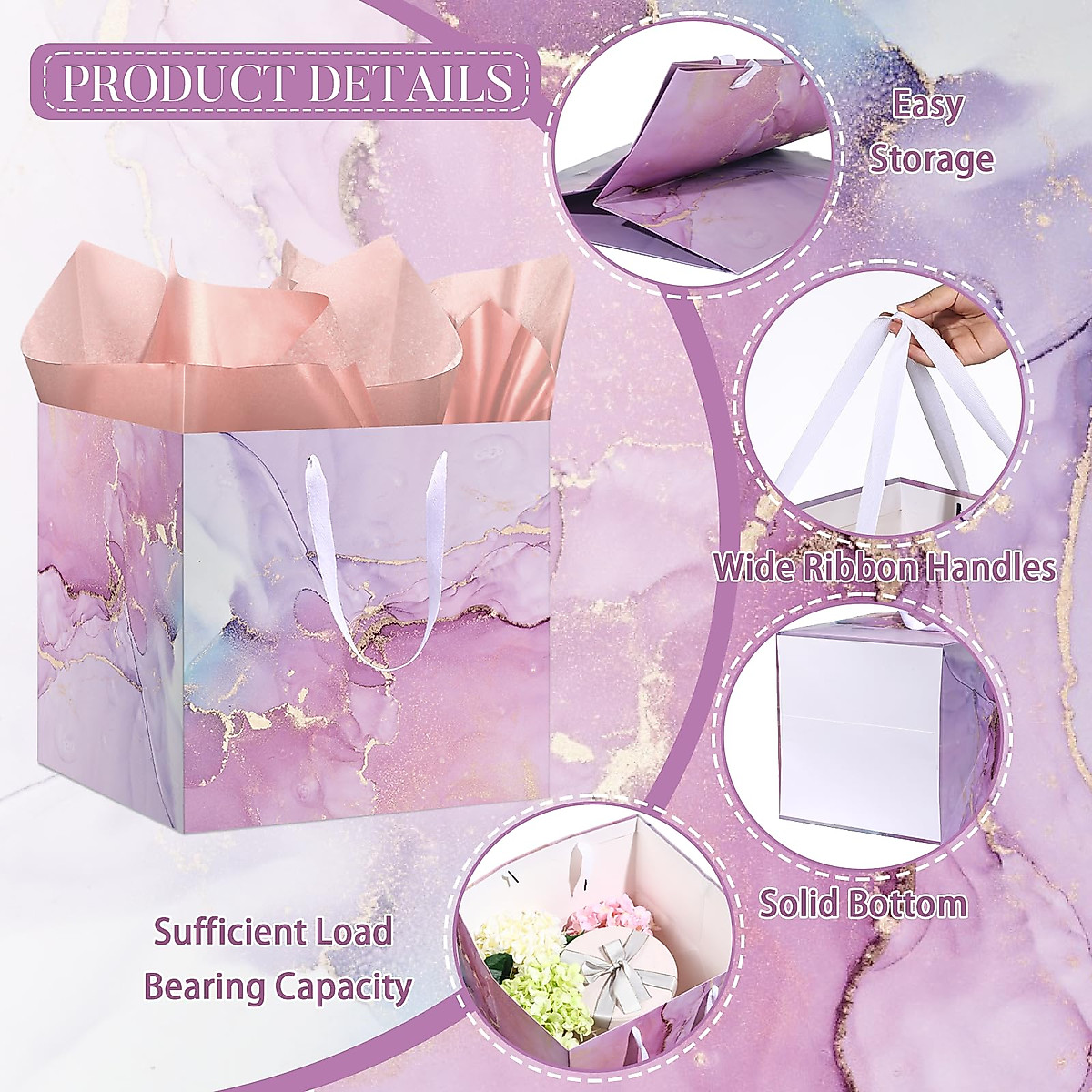 11.8" Extra Large Gift Bag Colorful Marble Square Giant Gift Bag with Handles and Tissue Paper Big Present Bag Pink Purple Wrapping Paper Bag for Birthday Wedding Christmas Baby Shower Party Supplies