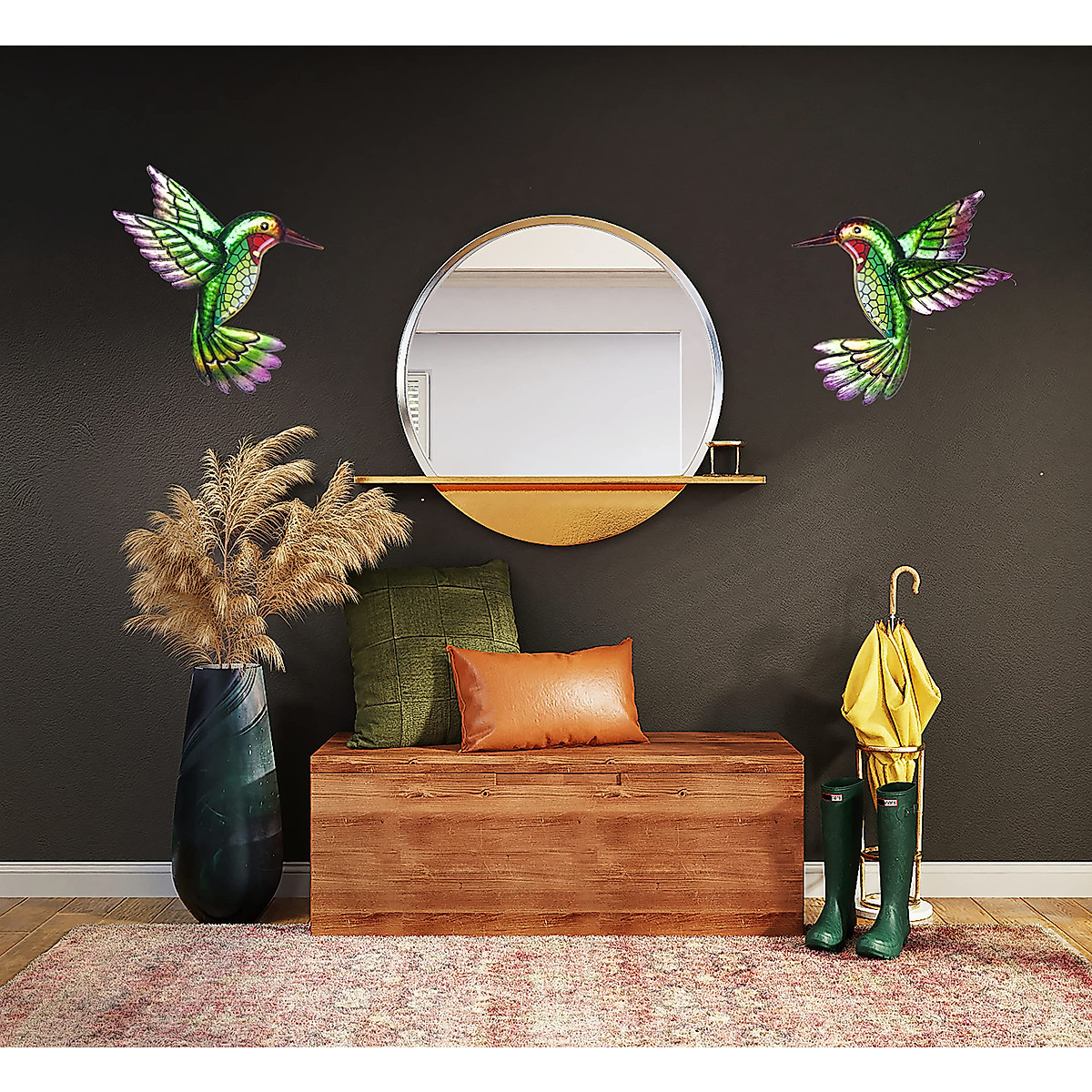 POXOHO Mosaic Hummingbird Metal Wall Decoration Glass Wall Art Indoor Wall Decoration Outdoor Wall Sculpture Hanging Decorates Bedrooms, Porches, Fences, Terraces and Gardens Set of 2