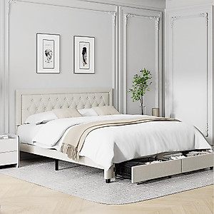 Keyluv King Bed Frame with 2 Storage Drawers and Adjustable Headboard, High-End Fabric Platform Bed with Button Tufted, Wooden Slats No Box Spring Needed/Easy Assembly, Beige