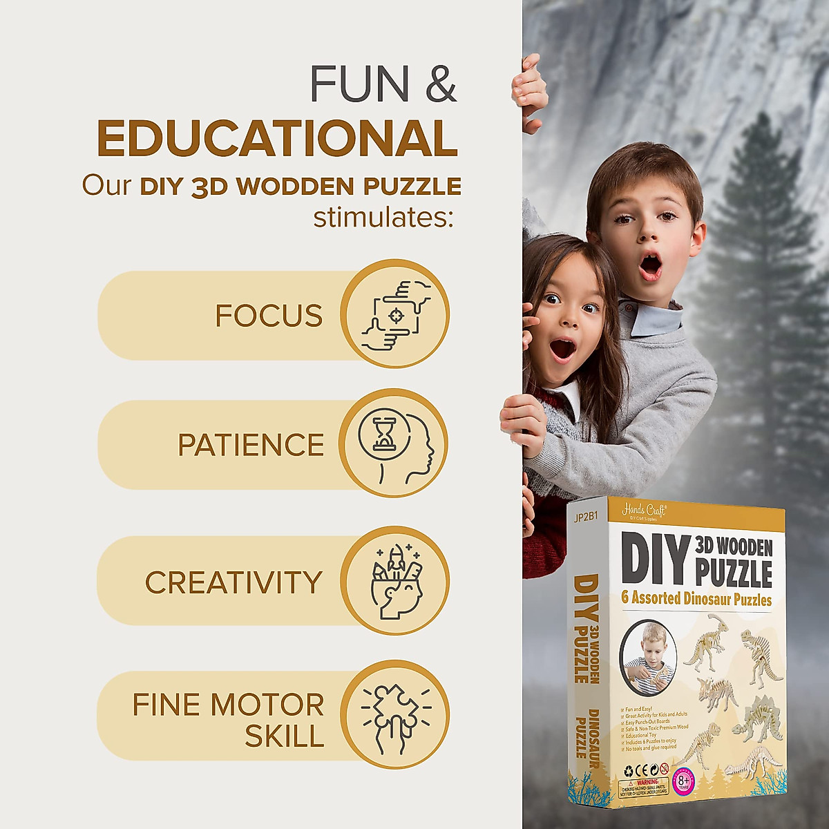 Hands Craft DIY 3D Wooden Puzzle – 6 Assorted Dinosaur Bundle Pack Set Brain Teaser Puzzles Educational STEM Toy Adults and Kids to Build Safe and Non-Toxic Easy Punch Out Premium Wood JP2B1