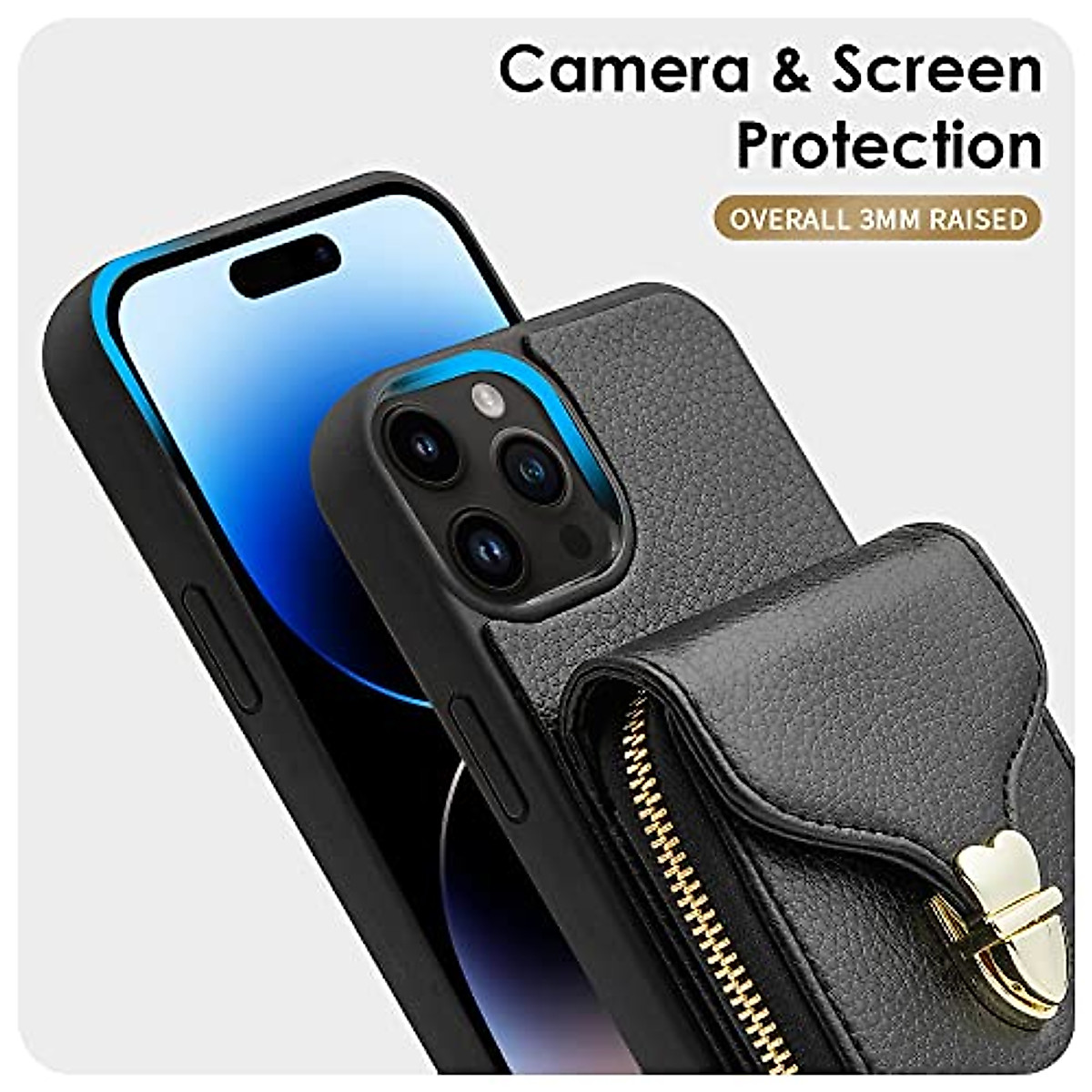 JLFCH ROMIELA Series iPhone 14 Pro Wallet Case, Crossbody Chain Strap Case Zipper Leather Purse RFID Blocking with Card Holder Lanyard Women Protective for Apple iPhone 14 Pro, 6.1 inch - Black