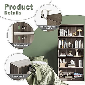 VICLLAX 5-Shelf Wood Bookcase, Wide Adjustable Open Bookshelf, Tall Display Storage Shelf for Living Room, Bedroom, Kids Room, Office, Grey