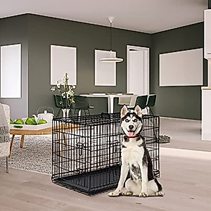 FDW Dog Crate Dog Cage Pet Crate for Large Dogs Folding Metal Pet Cage Double Door W/Divider Panel Indoor Outdoor Dog Kennel Leak-Proof Plastic Tray Wire Animal Cage (Black, 48 Inch)