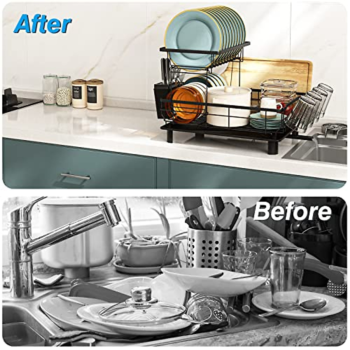 YGEOMER Large Dish Drying Rack, 2-Tier Dish Racks for Kitchen Counter, Detachable Dish Drainers with Utensil Holder, Kitchen Gadgets with Drainboard & Cup Holders, Black