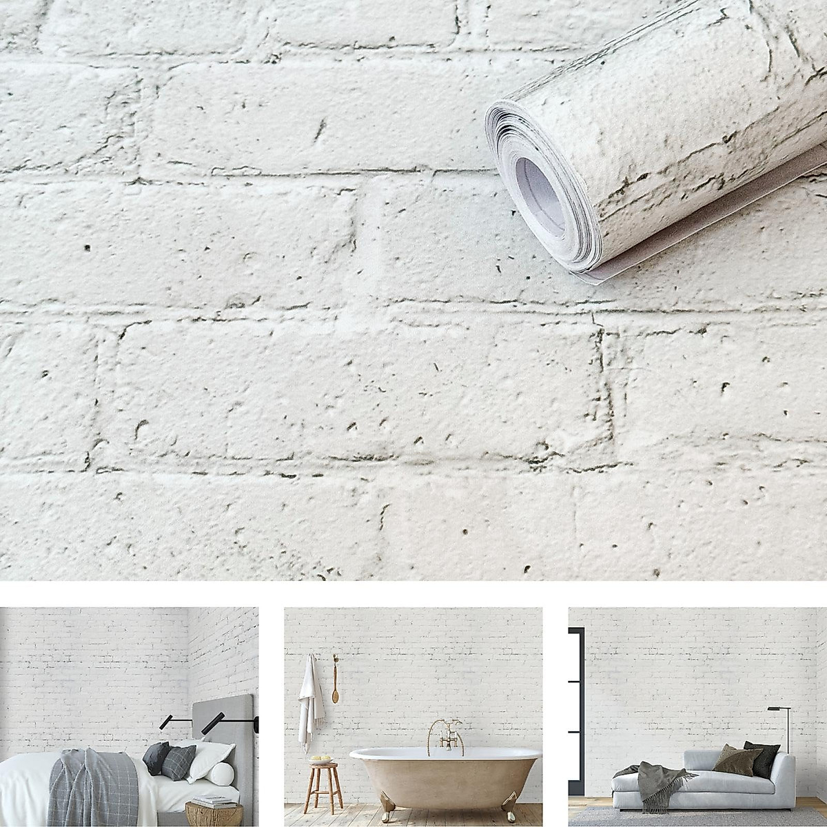 Brick Wallpaper Peel and Stick - White/Gray, 32.8 ft x 1.5 ft - 3D Faux Brick Wallpaper for Textured Wall, Removable Wallpaper for Indoor & Outdoor Use Waterproof- Ideal for Bedroom Accent Wall Décor