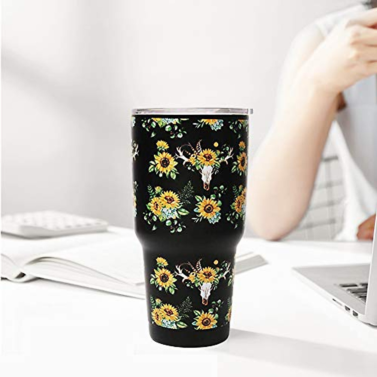 JIU HONG CHAO 30oz Sunflower Stainless Steel Tumblers Travel Cofee Mugs with Lid Sun Flower Cups Cow Skull Insulated Cup Sunflower Gifts for Women Adults (Bullskull flower)