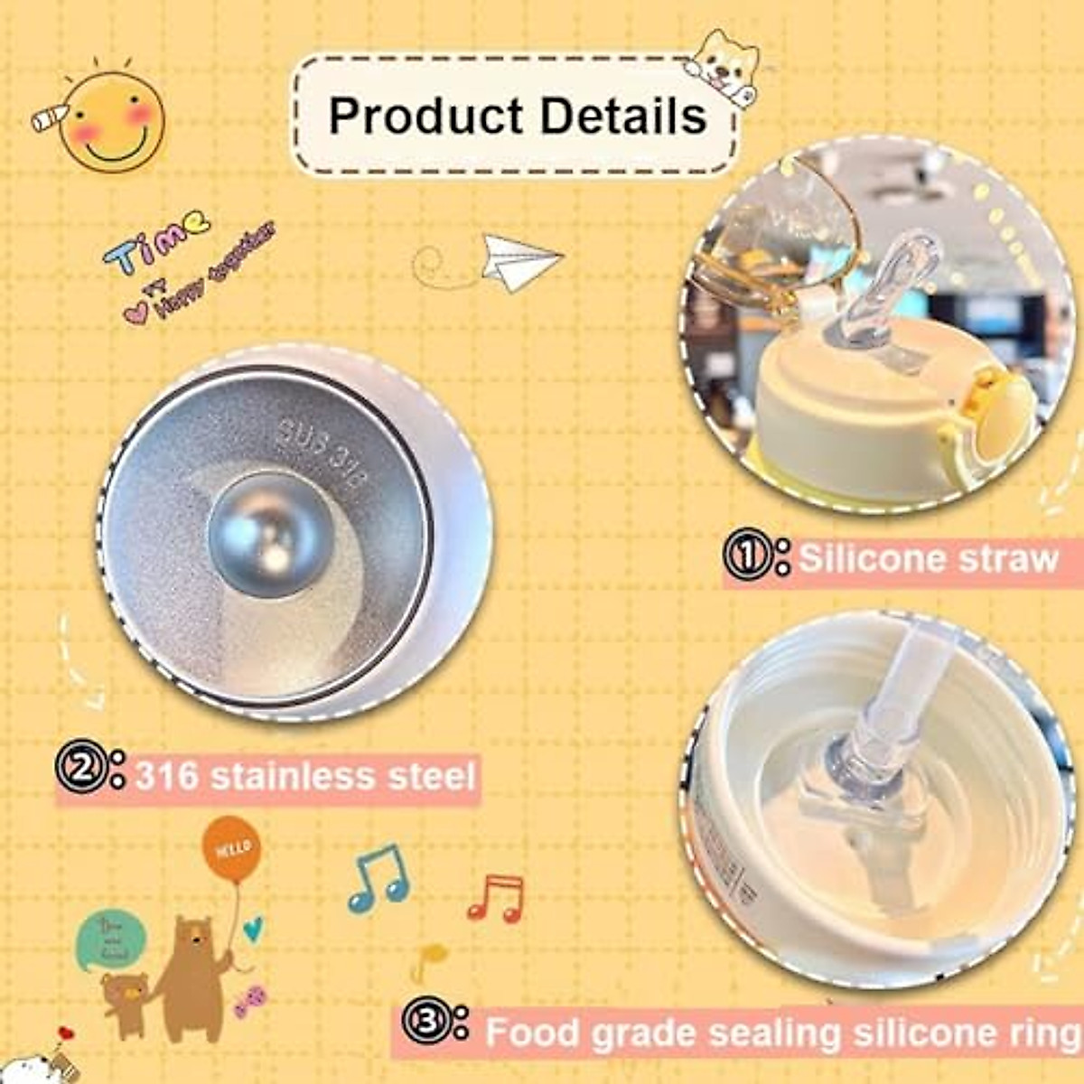 Kawaii Bear Straw Water Bottle with Shoulder Strap, Leak-proof Stainless Steel Vacuum BPA free Cute Insulated Water Bottles and Kawaii Stickers for Girls School Office(Pink)