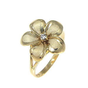 Arthur's Jewelry 14K solid yellow gold 15mm Hawaiian single plumeria flower cz ring