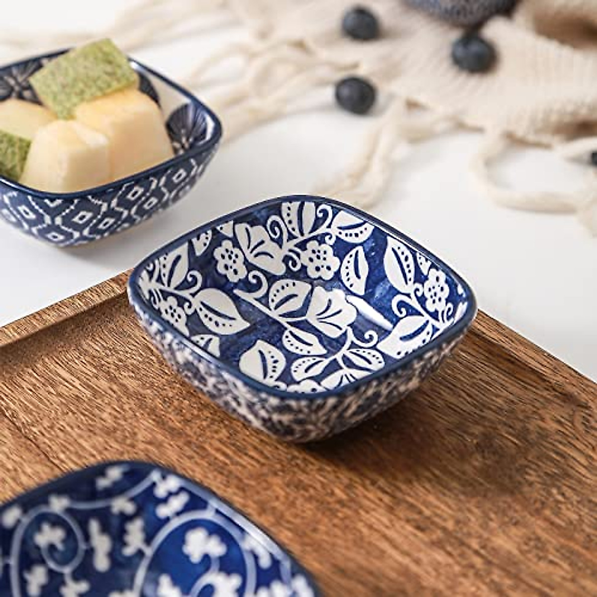 Selamica Ceramic 2.6 OZ Square Dipping Bowl Set, Soy Sauce Dish 3 inch Small Bowls for Ketchup Condiments Side Dish BBQ, Ramekins Oven safe, Stackable, Set of 6, Vintage Blue