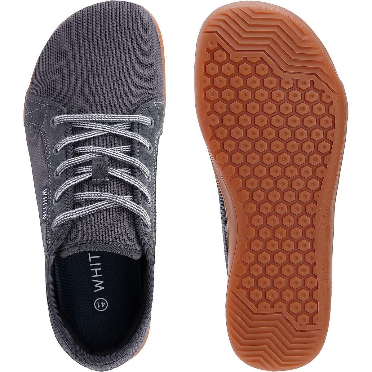 WHITIN Men's Extra Wide Width Casual Barefoot Sneakers Zero Drop Sole W81 Size 12W Minimus Minimalist Tennis Shoes Fashion Walking Grey Gum 45