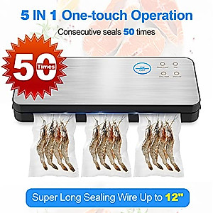 Vacuum Sealer, 85 Kpa Full Automatic Food Sealer, Consective Seals 50 Times, With Cutter & Bag Storage, 5 in 1 Compact Vacuum Sealer Machine for Food, LED Indicator Light, Full Starter Kit [2022 Best]