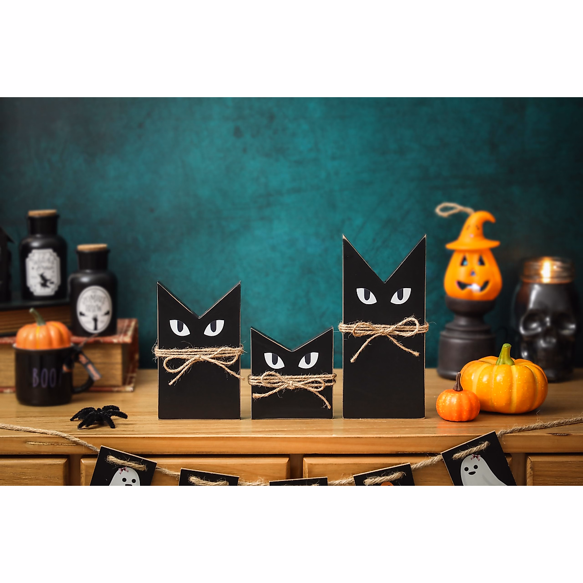 3 PCS Wooden Black Cats Decor, Spooky Cat Theme, Halloween Tiered Tray Decor, Farmhouse Halloween Tiered Tray and Mantle Decoration, Fall Accent, Wood Sign Rustic Style, Halloween Decoration Indoor