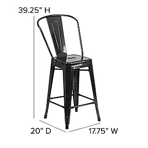 EMMA + OLIVER Commercial Grade 24" H Black Metal Indoor-Outdoor Counter Height Stool w/Back