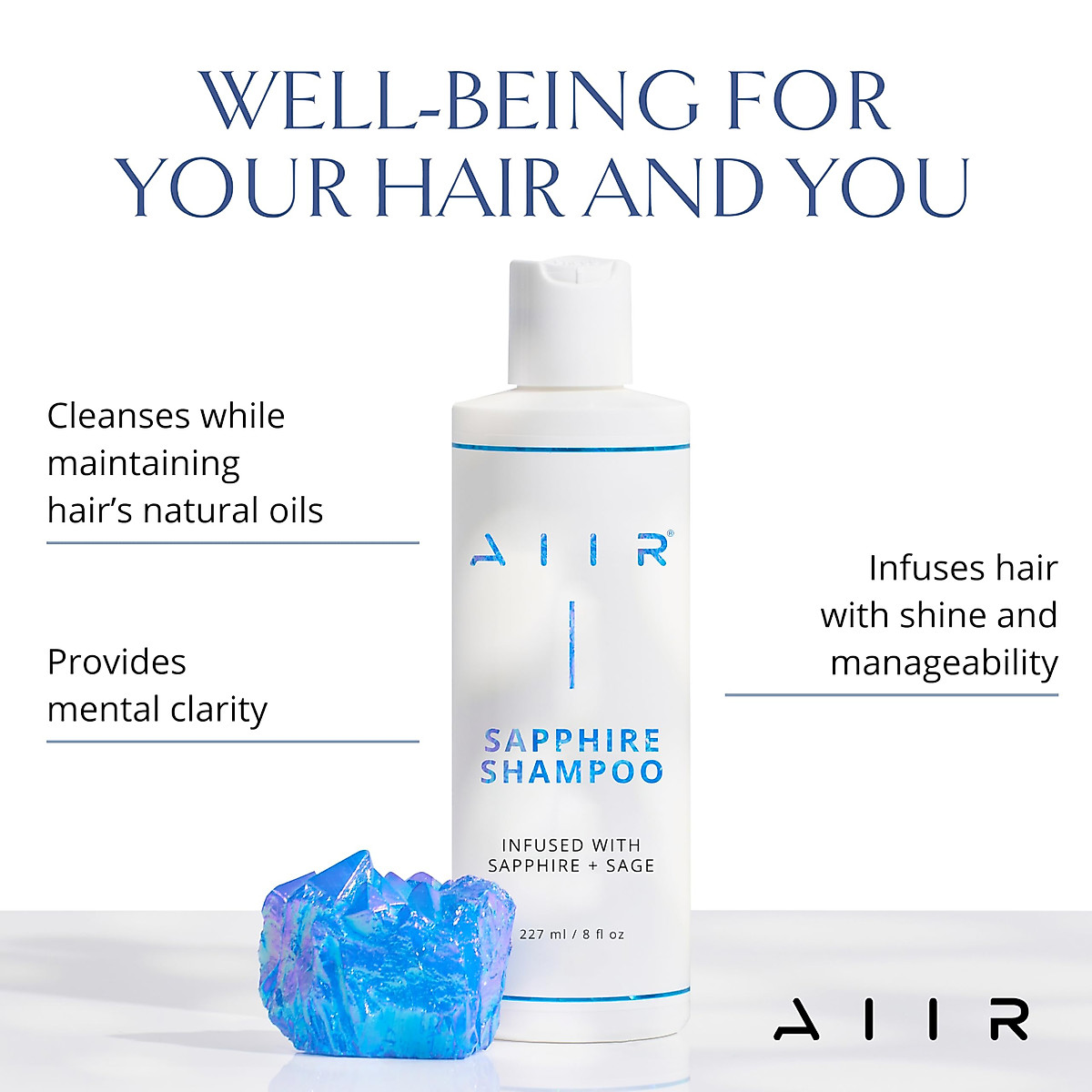 AIIR Sapphire Shampoo - Natural Hair Growth & Shine Formula - Crystal Infused, Vegan, Sulfate-Free, Color-Safe Professional Hair Care - 8 oz