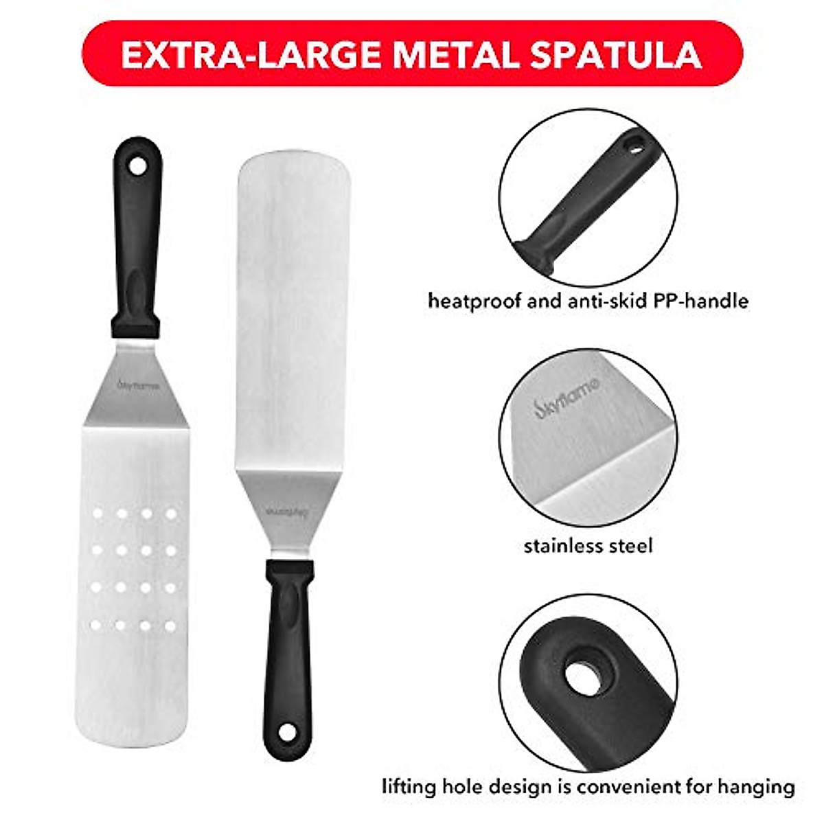 Skyflame 3 Piece Griddle Accessories Kit, Stainless Steel Professional Long BBQ Grill Spatula/Turner & Scraper Set for Flat Top Grill Hibachi Camping Cooking