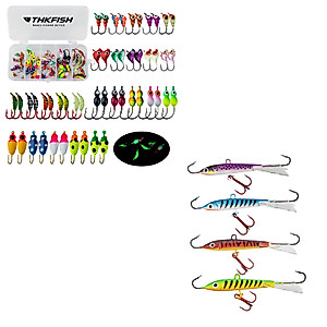 THKFISH Ice Fishing Jigs Lures Kit Ice Fishing Gears for Walleye Perch Jigs Heads for Ice Fishing B-50PCS+18g*4pcs Vertical Jigs Kit