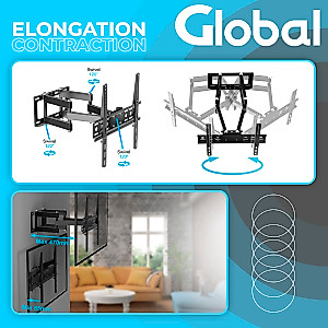 Global Electronics Wall Mount TV and Monitors, Mount Double Arm, Bracket Full, Motion with Long Arm for Corner/Flat Installation fits 30 to 60" Flat/Curve TVs, Mount VESA 400x400mm, Tv Stand