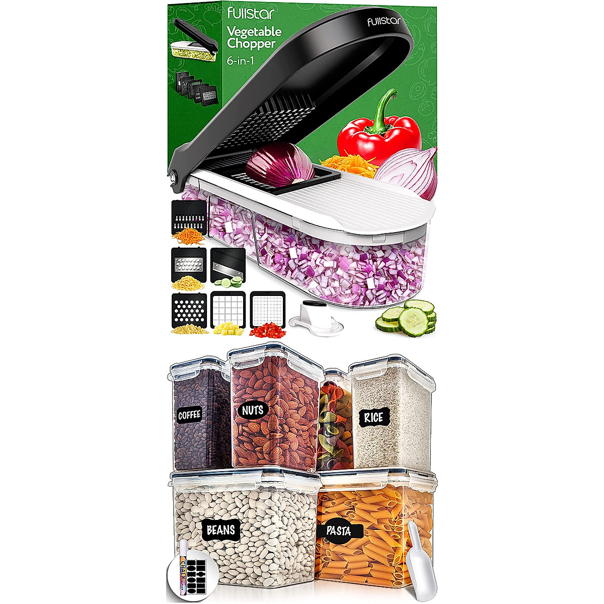 Fullstar Compact Vegetable Chopper and Storage Bins with Lids, Airtight food storage containers for Kitchen & Pantry organization. Includes Marker, Pen & Scoop (6 Pack)