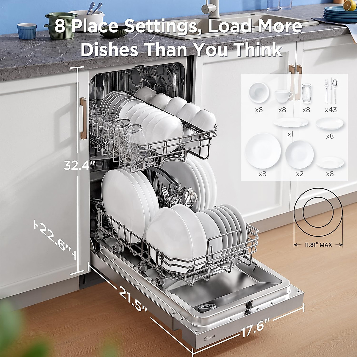 Midea MDF18A1AST Built-in Dishwasher with 8 Place Settings, 6 Washing Programs, Stainless Steel Tub, Heated Dry, Energy Star