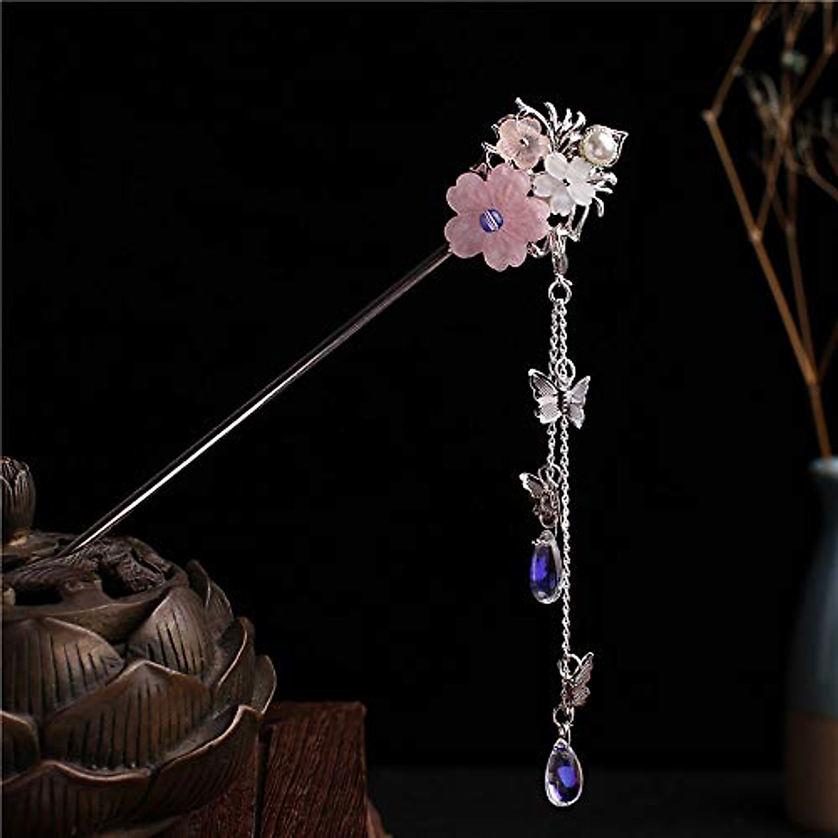 BEMEI Rhinestone Pearl Flower Hair Stick,Crystal Pearl Hair Sticks,Butterfly Tassel Flower,Hairpin Chignon Pin Chopsticks Hair Styling Accessories(F)