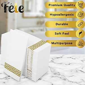 Decorative Hand Towels, Gold design 50 Disposable Linen-Feel Guest Towels – Formal Dinner, Anniversary, Wedding Napkins for Tables, Guestrooms, Restrooms, 8.5x4-Inches Folded, [Gold 50 Pack]