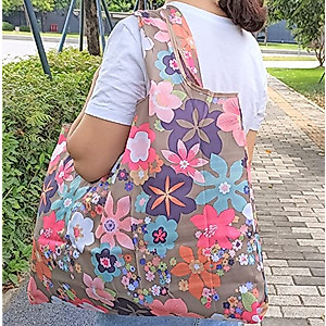 Fineget Foldable Large Shopping Grocery Tote Bag Portable Reusable Waterproof Utility GYM Yoga Bag for Women Travelling Camping Beach Picnic Laundry Duffel Top Handle Bag Begonia Flowers Pattern