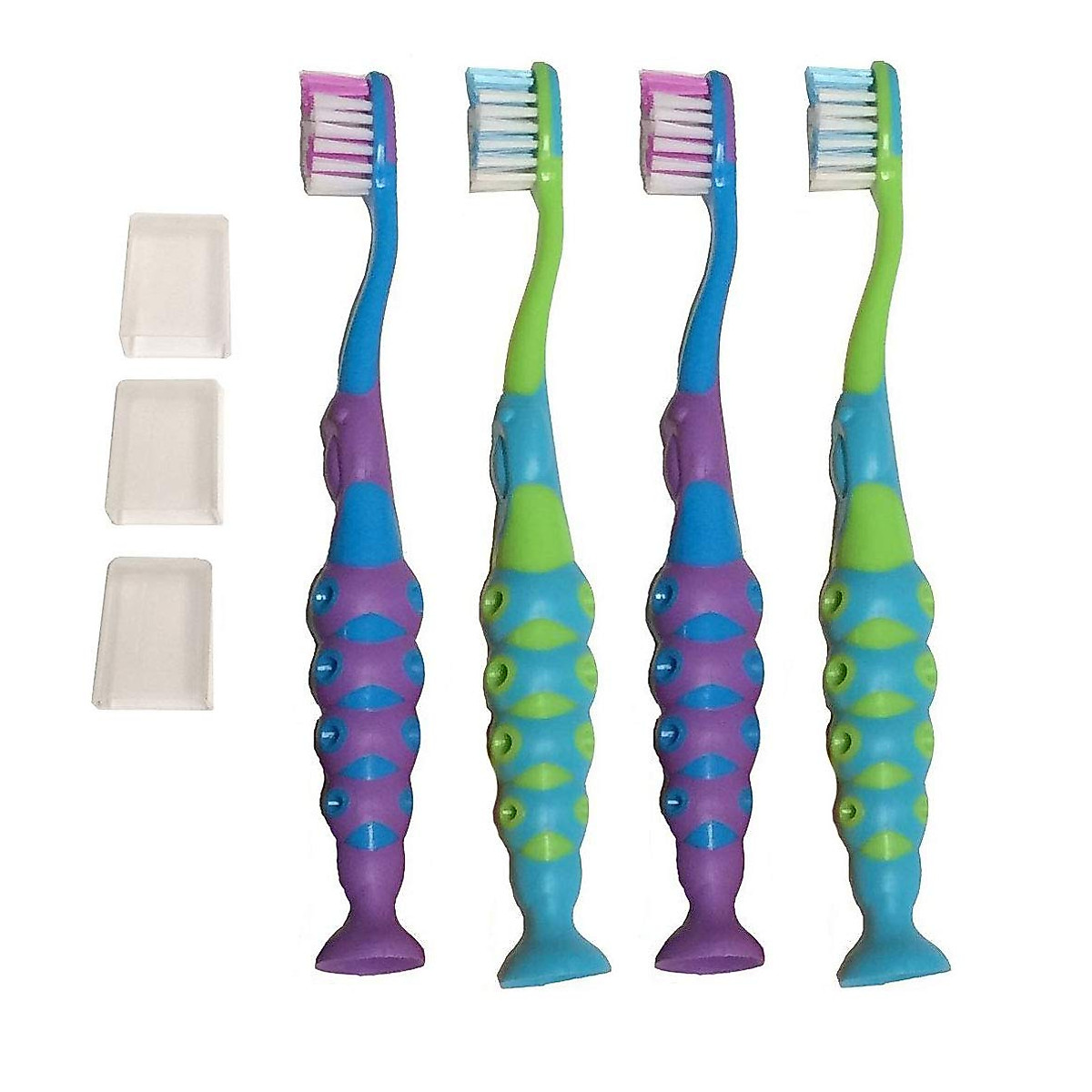 4-Pack of Kids Childrens Toddler Child Sized Brush Heads (3-8 Year Old) Boys Blue Purple Green Extra Soft Bristle Easy Grip BPA Free Toothbrush Set w/ Suction Base w/ Travel Dust Covers