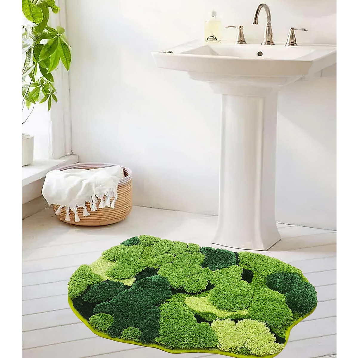 Hifuwan Cute Green Moss Shag Bathroom Rugs Leaf Bath Mats for Bathroom Decor Aesthetic Leaves Soft Non Slip Washable Aabsorbent Floor Carpet Boho Indoor Shower Mat Doormat