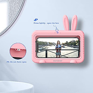 nediea Shower Phone Holder Waterproof, Cute Bunny 360° Rotation Bathroom Phone Case, Strongly 3M Adhesive Wall Mount Phone Holder for Bathroom, Kitchen, Sink, Support up to 6.8" Smartphones (Pink)
