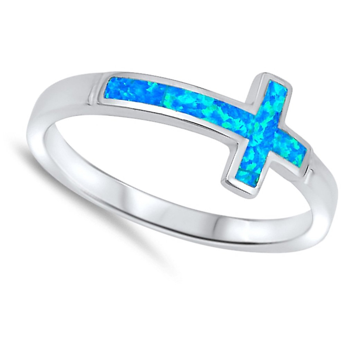 Blue Simulated Opal Sideways Cross Ring New .925 Sterling Silver Love Band Size 8