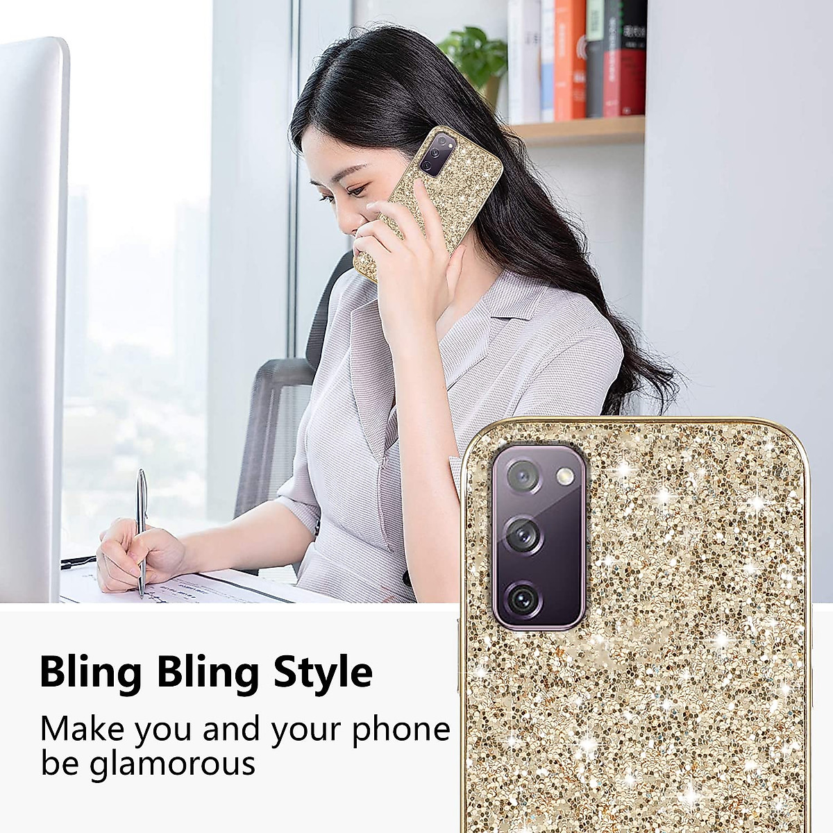Compatible with Samsung S20 FE Case Glitter Shockproof, for Samsung Galaxy S20 FE Phone Case Bling Sparkly Soft TPU and PC Silicone Shiny Girl Women Thin Protective Cover (Gold)